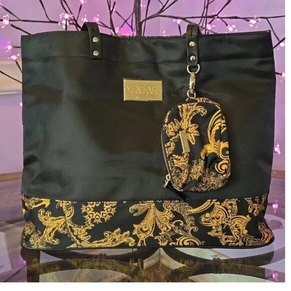 Versace Collection | Bags | Versace Parfums Black Gold Shoulder Tote ...
